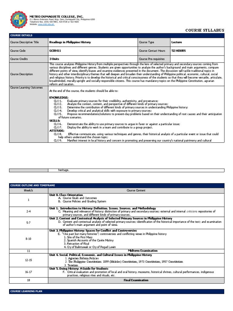 Btvted Course Syllabus Readings in History | PDF | Primary Sources ...