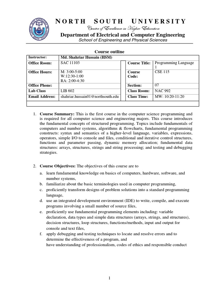Course Outline Cse115 Sec7 | PDF | Computer Programming | Computer Program