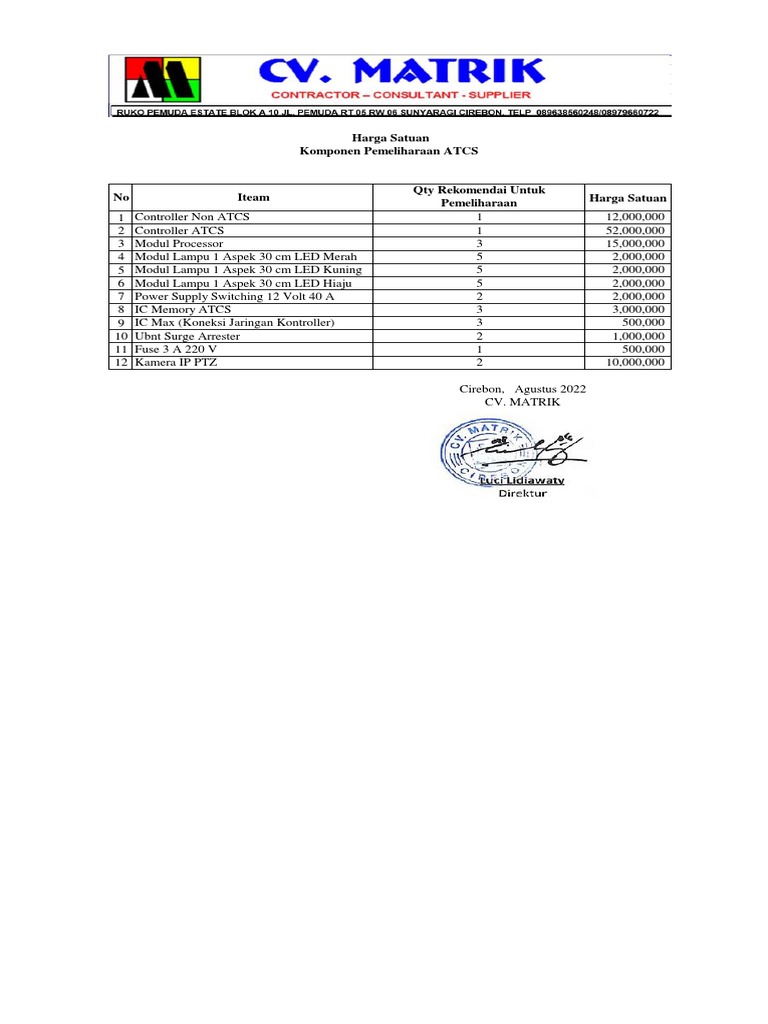 Daftar Harga Komponen Pemeliharaan Apill Atcs | PDF