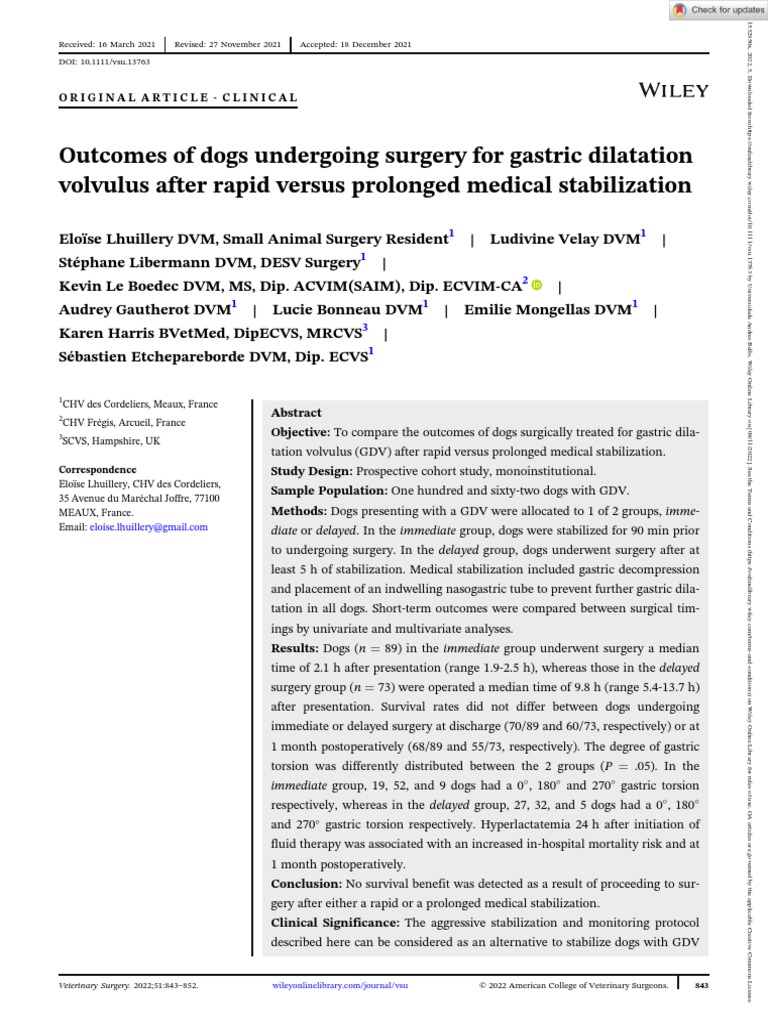 Veterinary Surgery - 2022 - Lhuillery - Outcomes of Dogs Undergoing ...