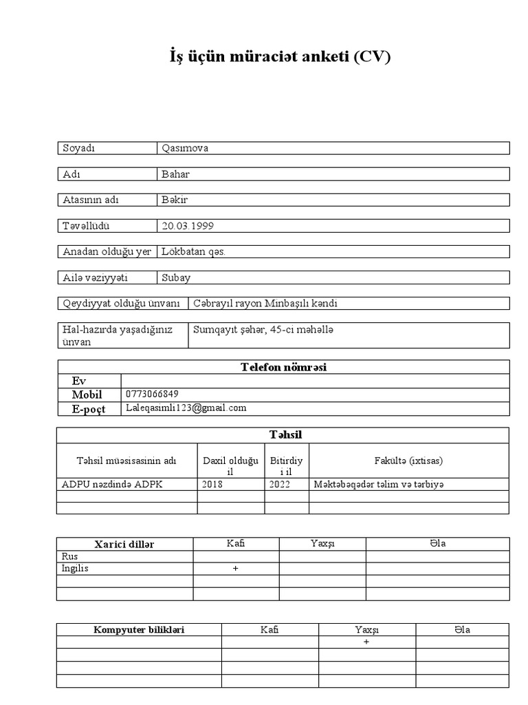 İş Üçün Müraciət Anketi (CV) : Telefon Nömrəsi Ev | PDF