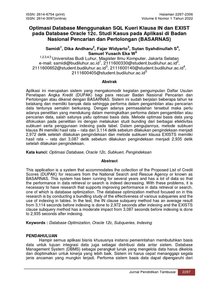 Optimasi Database Menggunakan SQL Kueri Klausa IN Dan EXIST Pada Database Oracle 12c. Studi ...