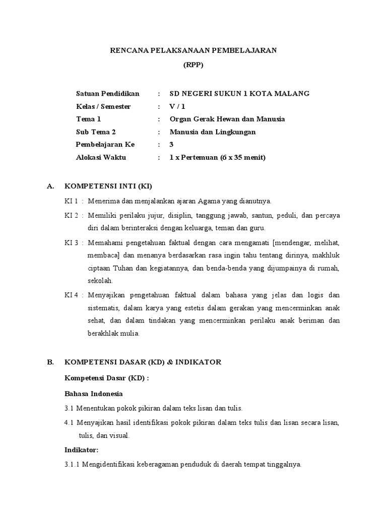RPP Kelas 5 Tema 1 Subtema 2 Pembelajaran 3 | PDF