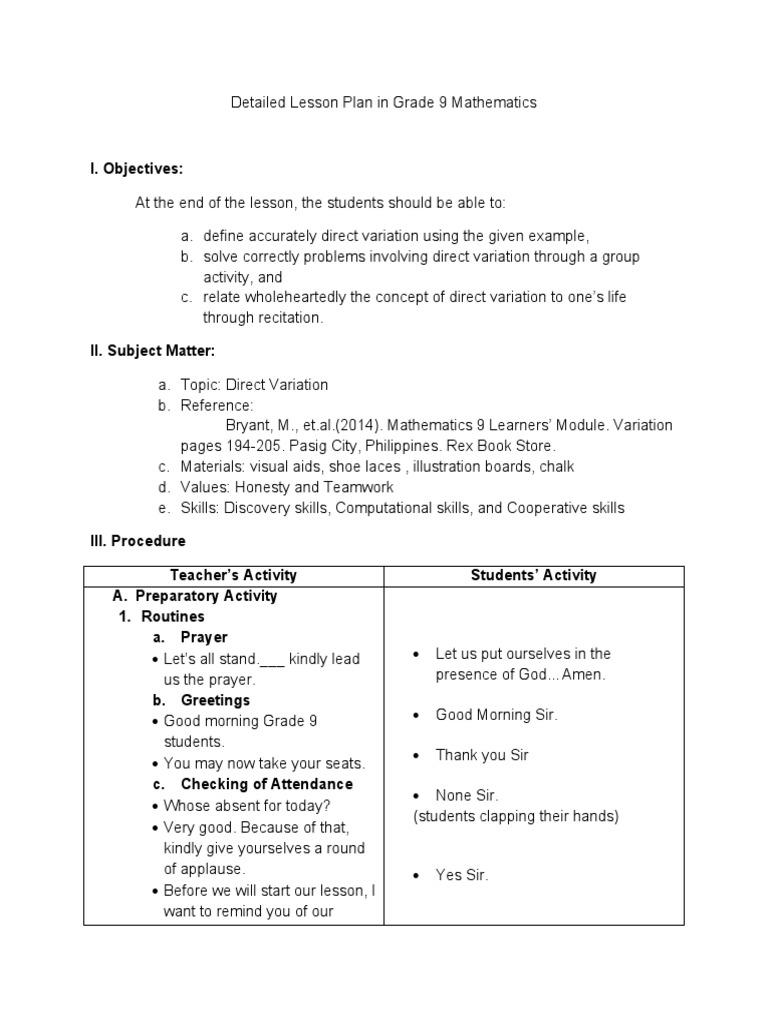 Lesson Plan Direct Variation | PDF | Equations | Lesson Plan