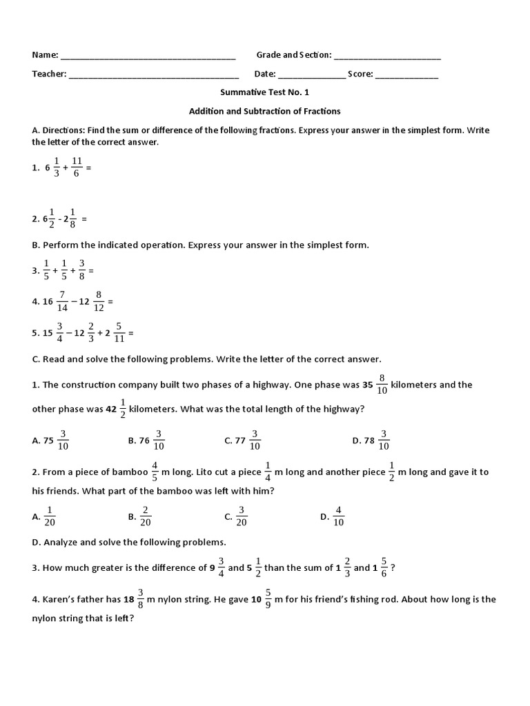 Summative Tests Quarter 1 Math | PDF