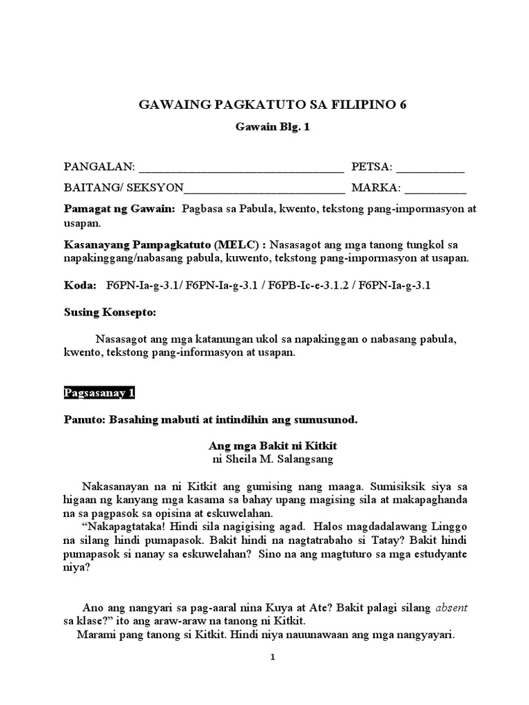 Grade6Filipino Worksheet 1st Quarter | PDF