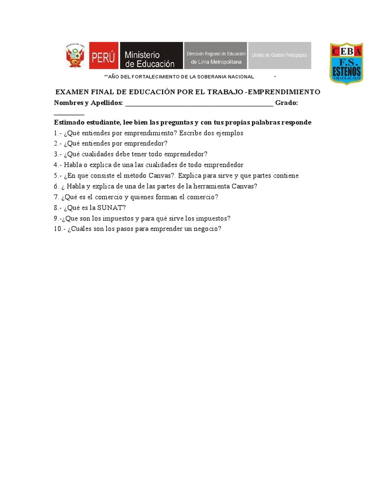 Examen Final de Educación Por El Trabajo | PDF | Negocios