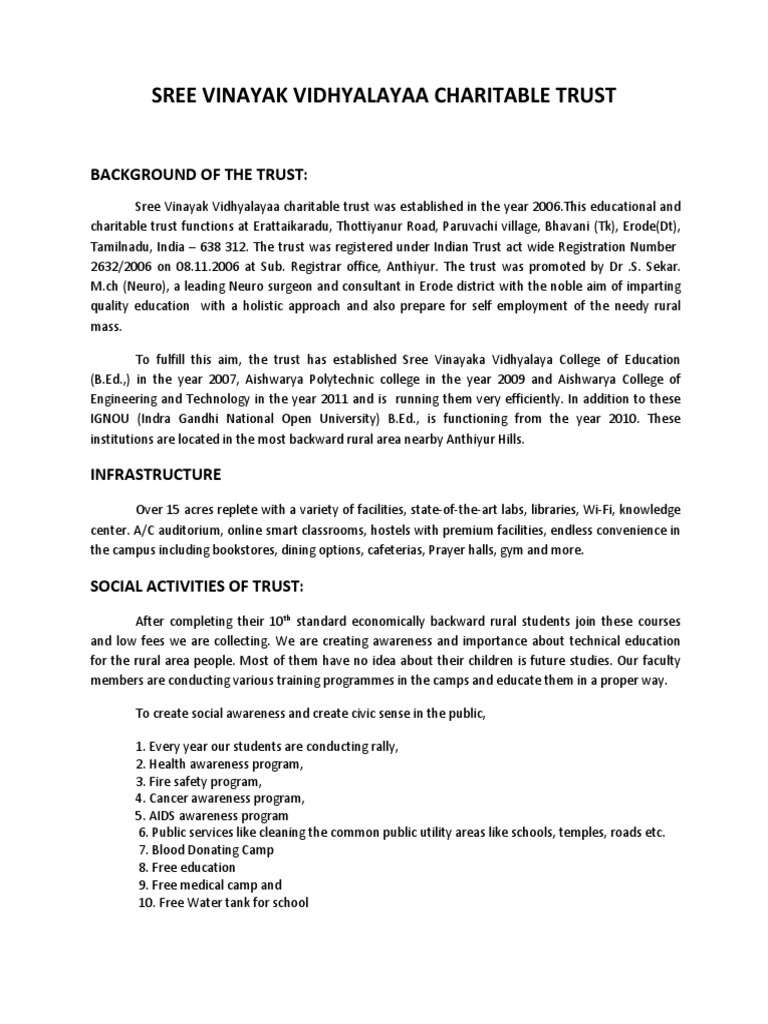 Sree Vinayak Vidhyalayaa Charitable Trust Education & Social Work | PDF | Diploma | Engineering