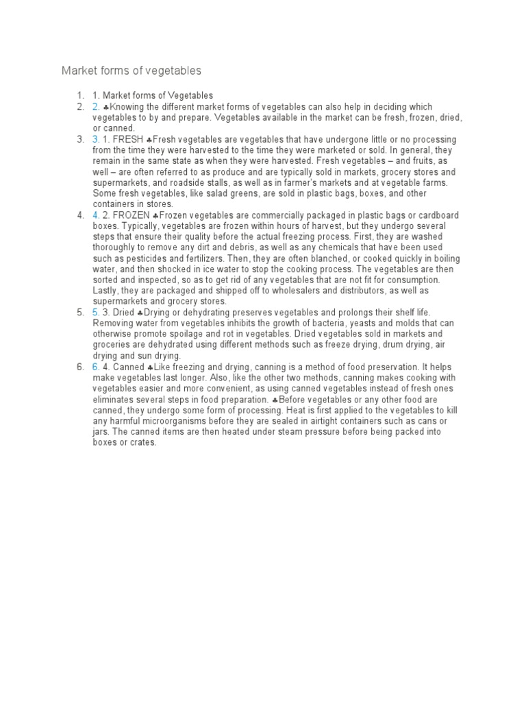Market Forms of Vegetable | PDF | Vegetables | Canning
