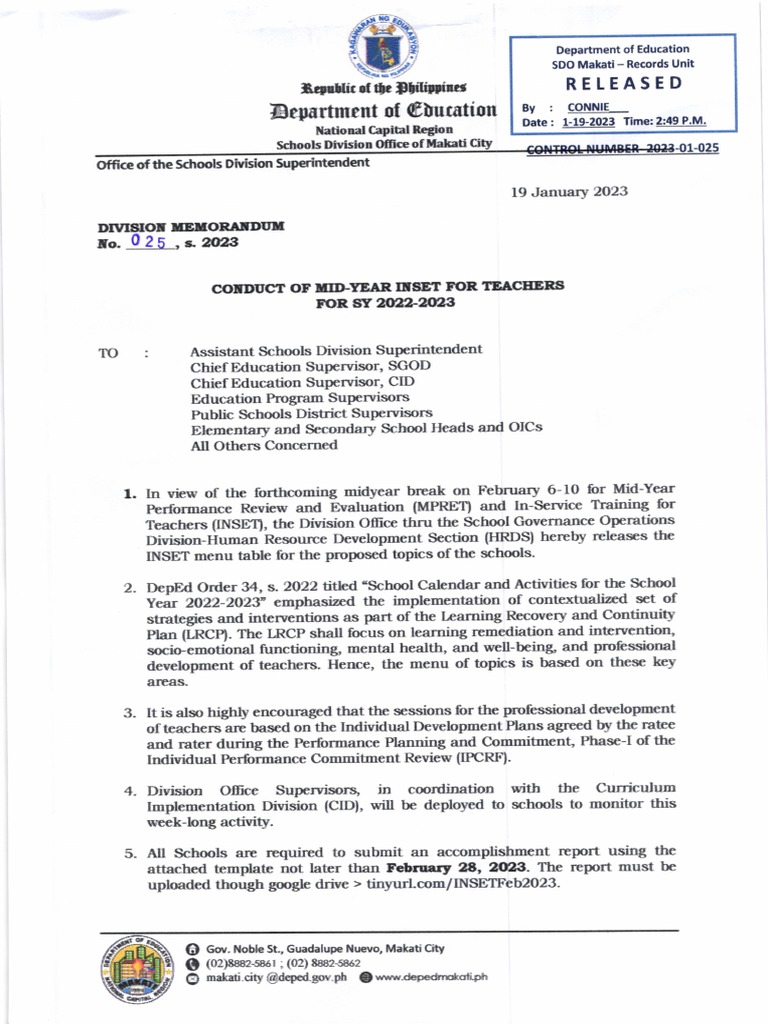 DM 025 Conduct of Mid-Year Inset For Teachers For Sy 2022-2023 | PDF ...