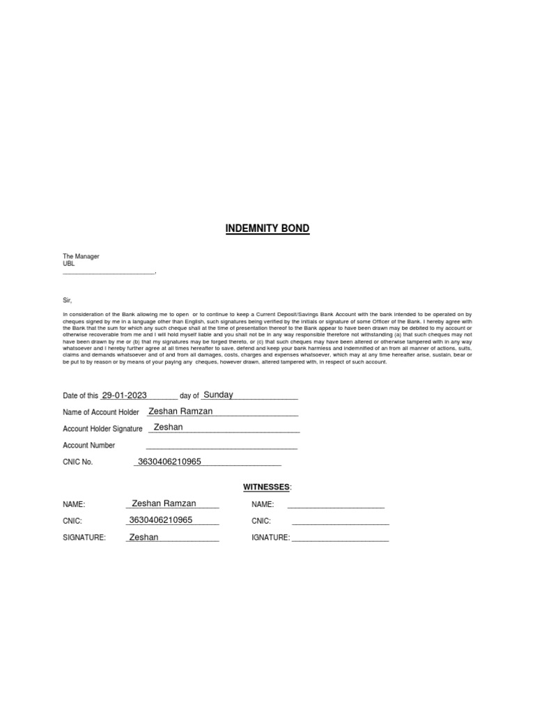 Indemnity Declaration For Signature Difference | PDF