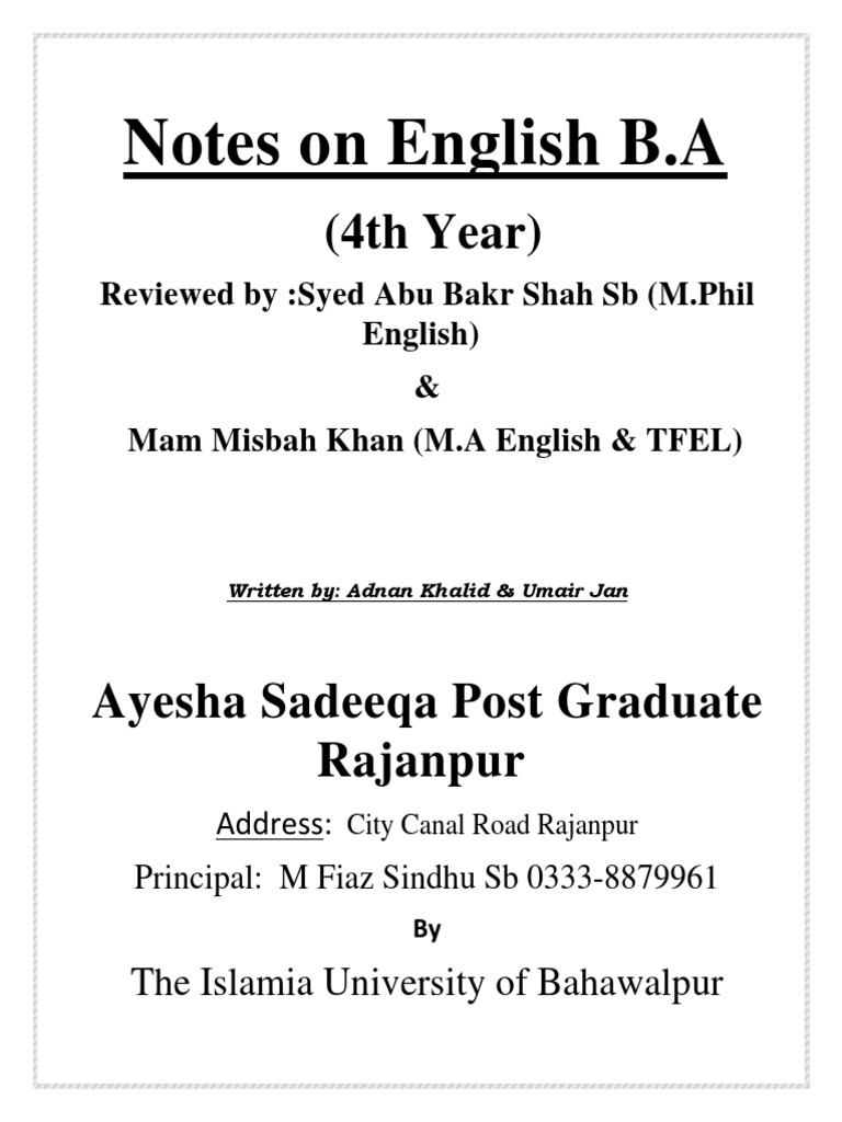 Notes On English B.A 4th Year The Islamia University of Bahawalpur ...