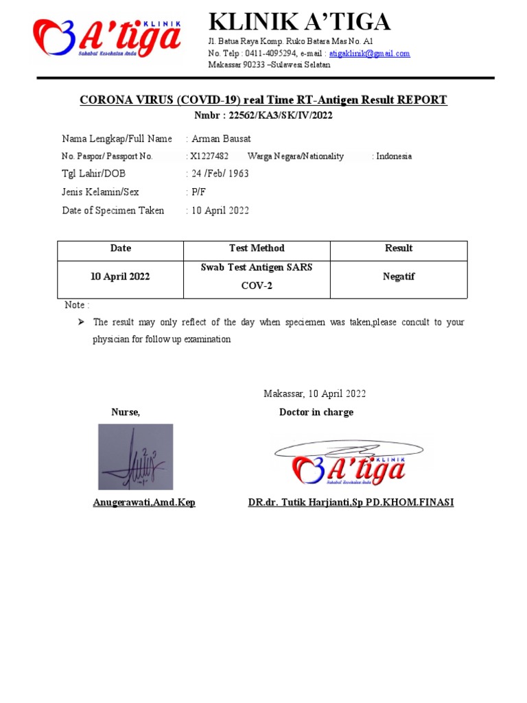 CORONA VIRUS (COVID-19) Real Time RT-Antigen Result REPORT: NMBR: 22562 ...