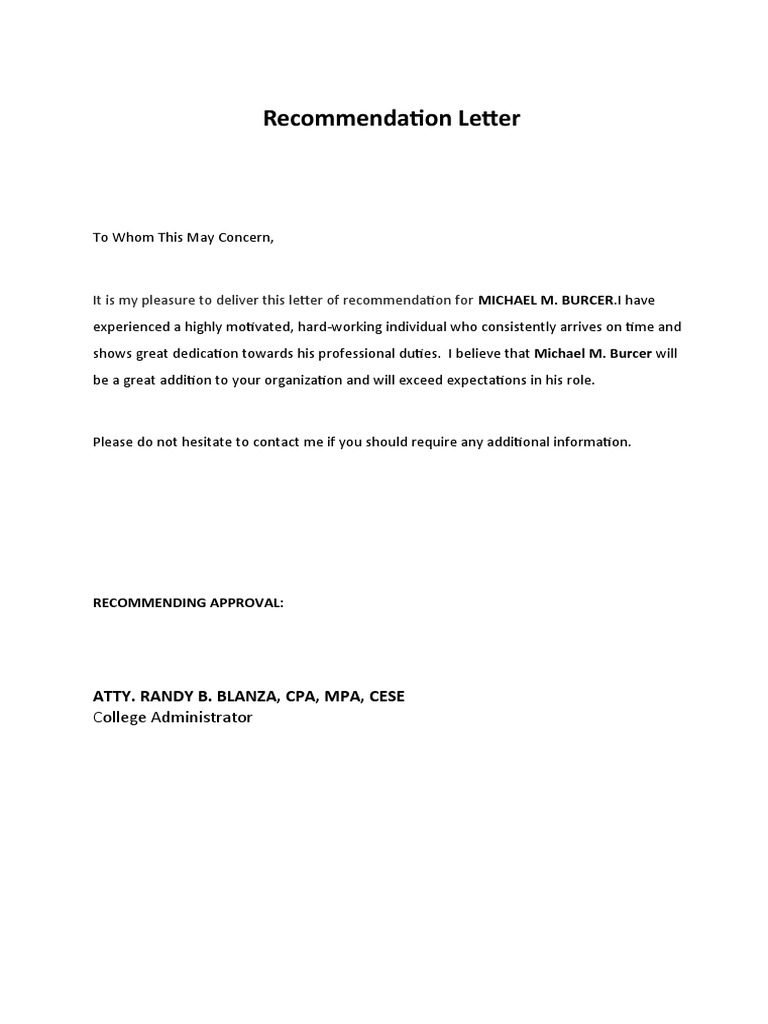 Recommendation Letter for Michael Burcer | PDF | Self-Improvement