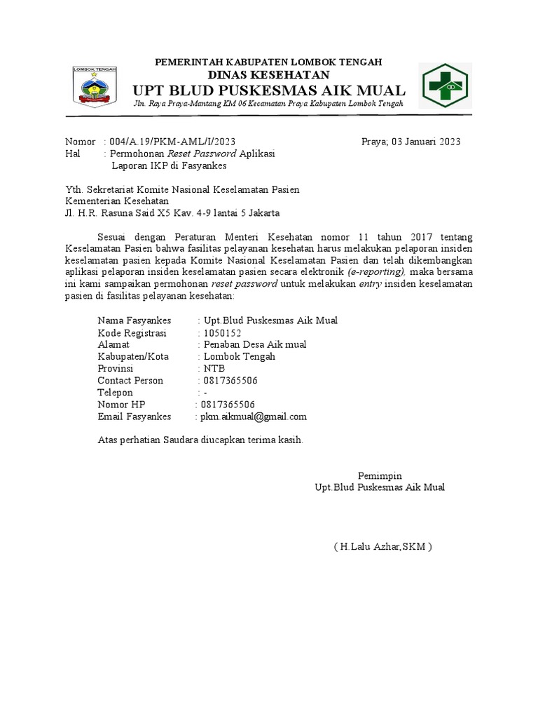 Surat Permohonan Reset Pasword Ikp | PDF