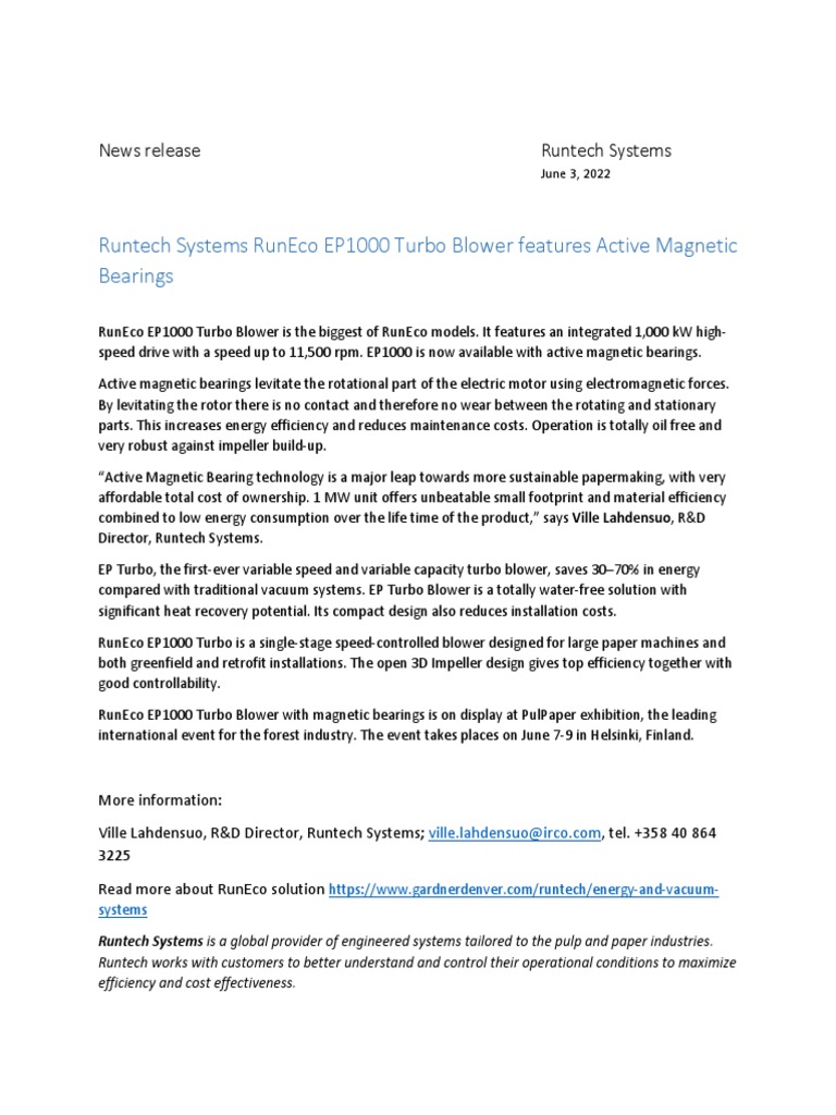 Runtech Systems Runeco Ep1000 Turbo Blower Features Active Magnetic ...