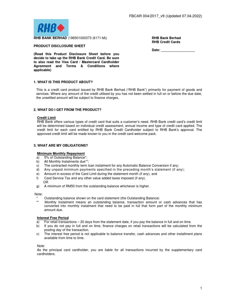 Product Disclosure Sheet Apr 22 | PDF | Credit Card | Payments