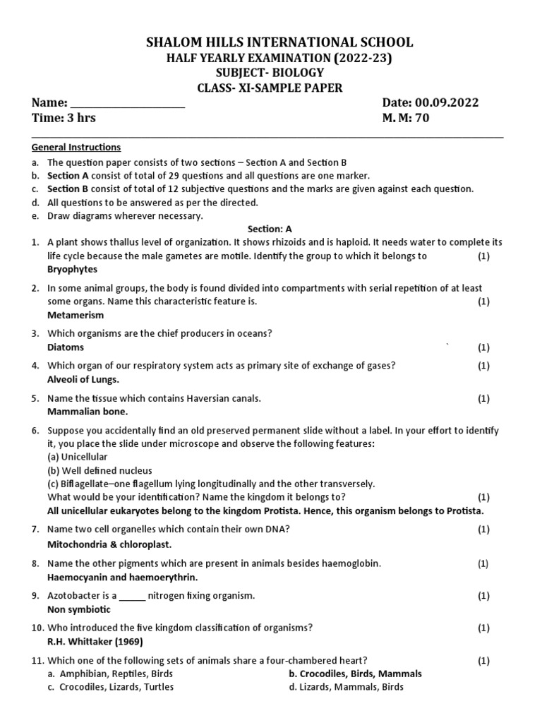 SHALOM HILLS INTERNATIONAL SCHOOL HALF YEARLY EXAM | PDF | Biology ...