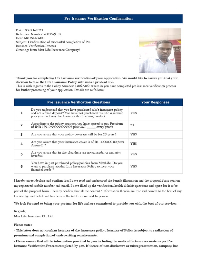 Pre Issuance Verification Confirmation | PDF | Life Insurance | Insurance