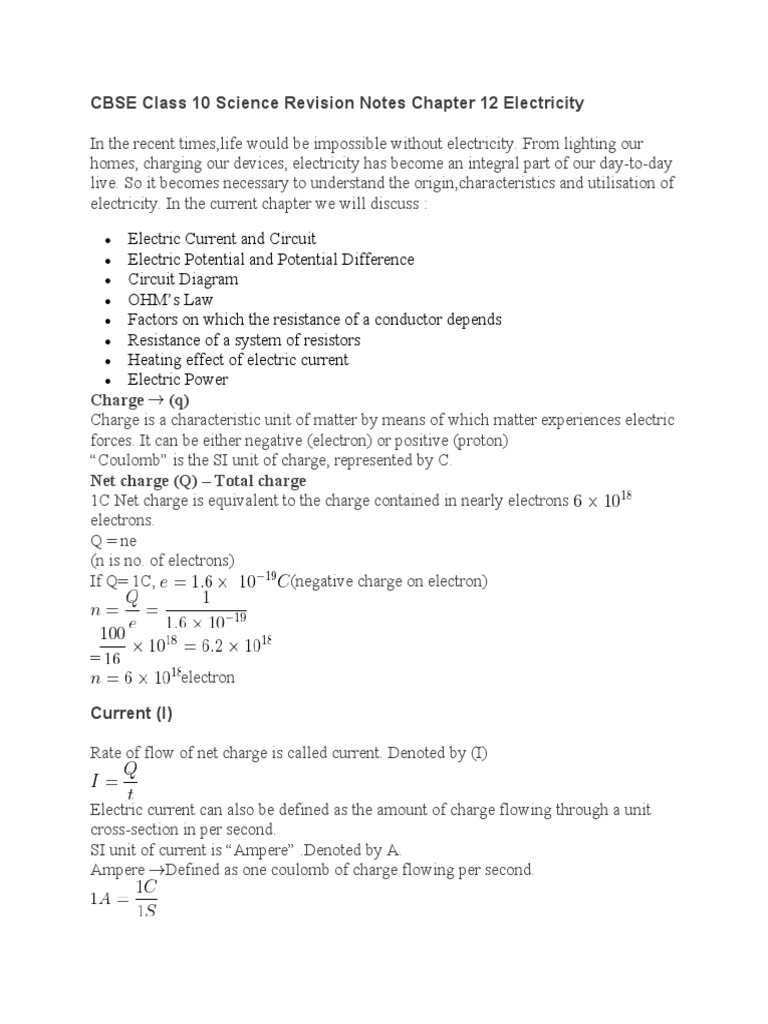 Class 10 Electricity Revision Notes | PDF | Electrical Resistance And ...