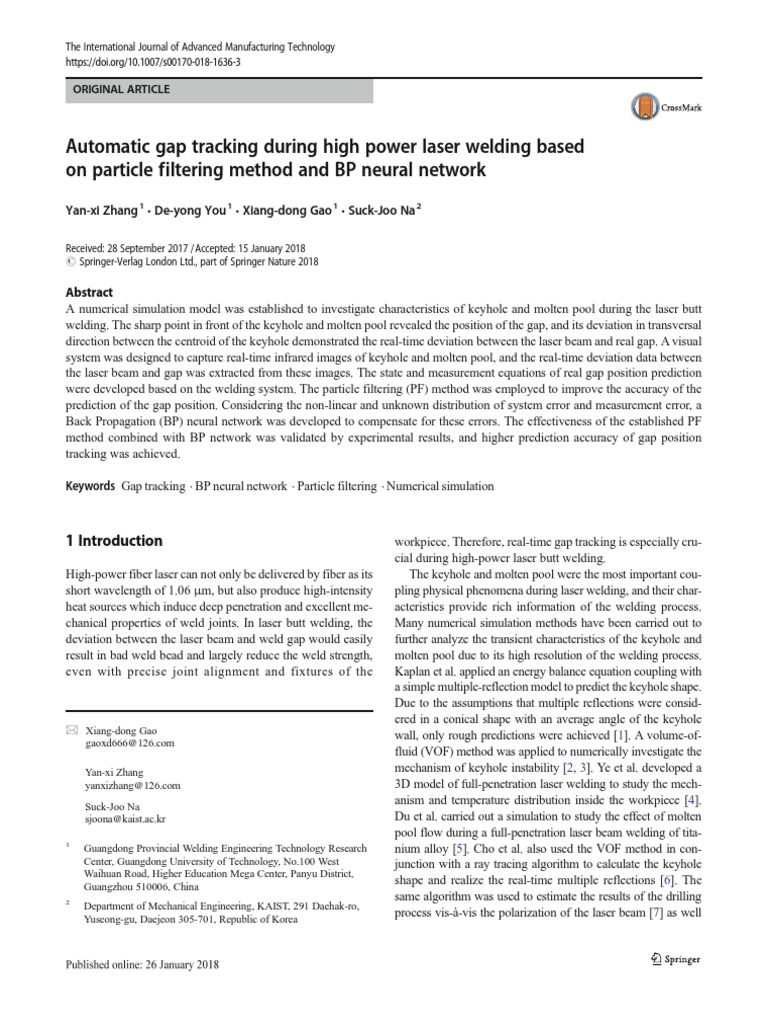 Automatic Gap Tracking During High Power Laser Welding Based On Particle Filtering | PDF ...