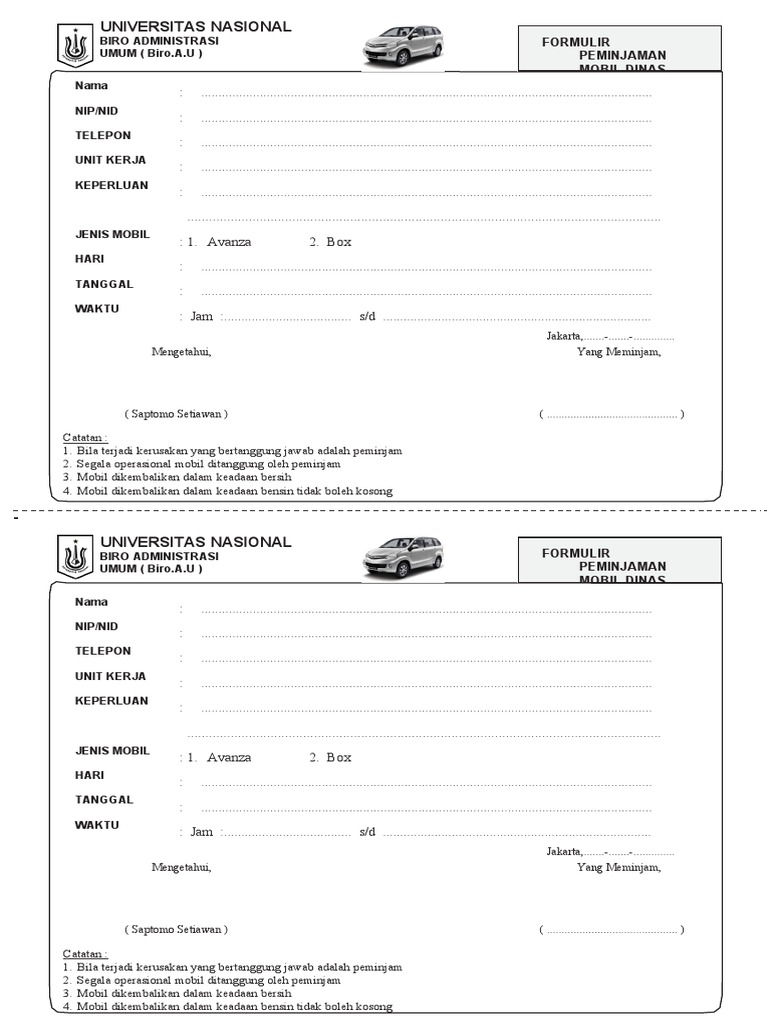 Form Peminjaman Kendaraan | PDF
