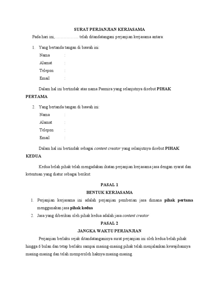 Surat Perjanjian Kerjasama Content Creator Pdf