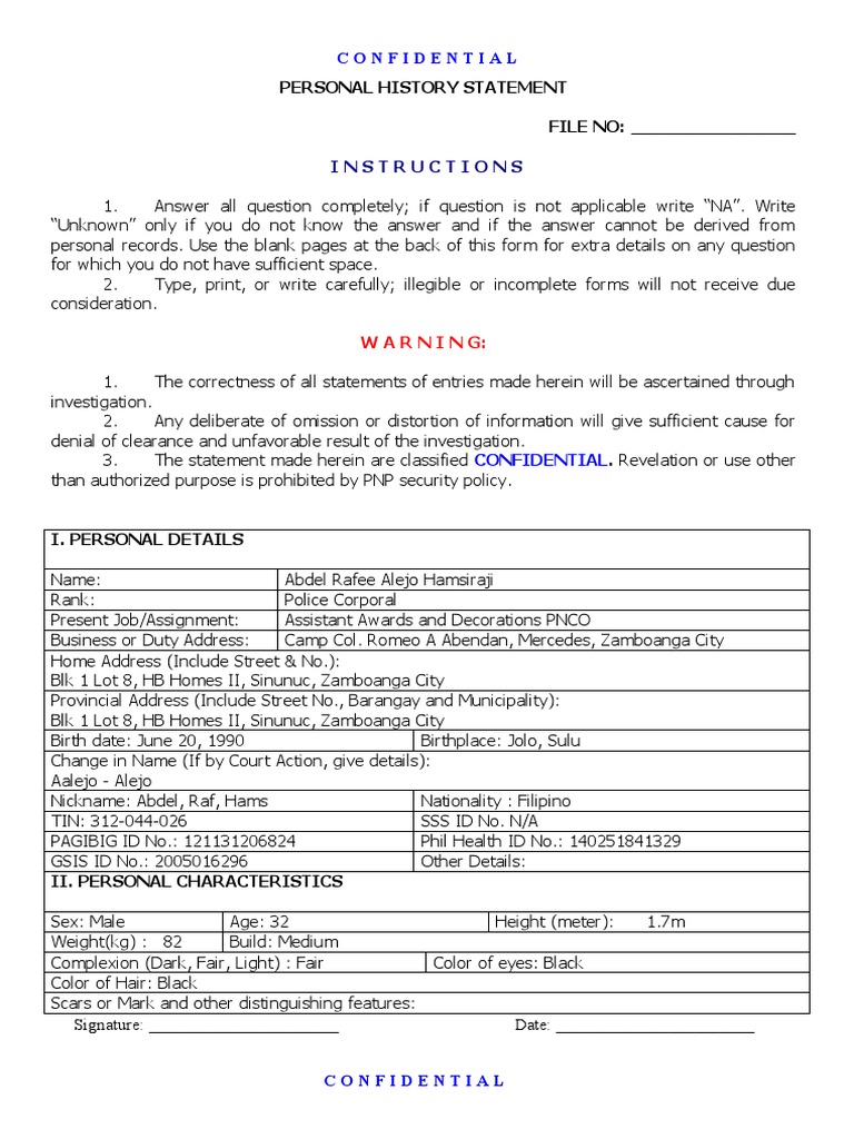 Personal History Statement | PDF