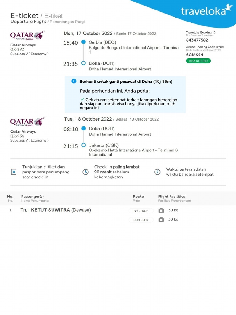 E Tiket Qatar Air Ways | PDF