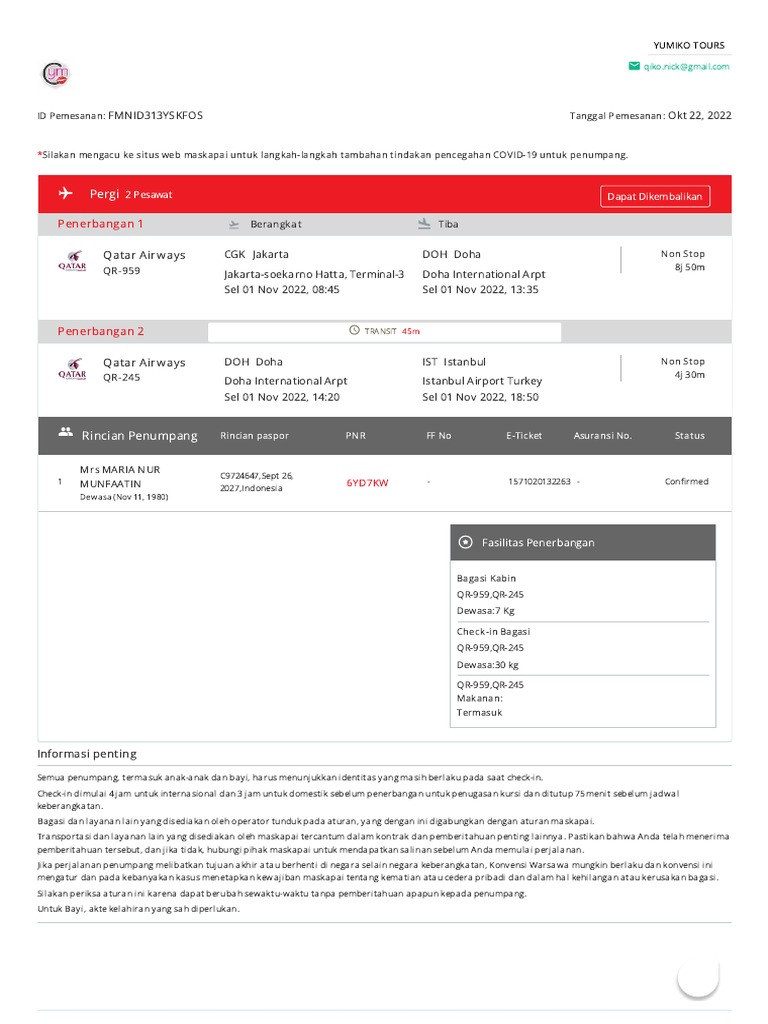 Tiekt Maria CGK Turki | PDF