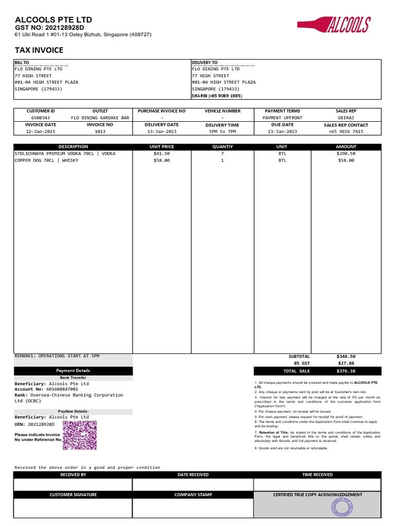 Tax Invoice: Alcools Pte LTD | PDF | Invoice | Payments