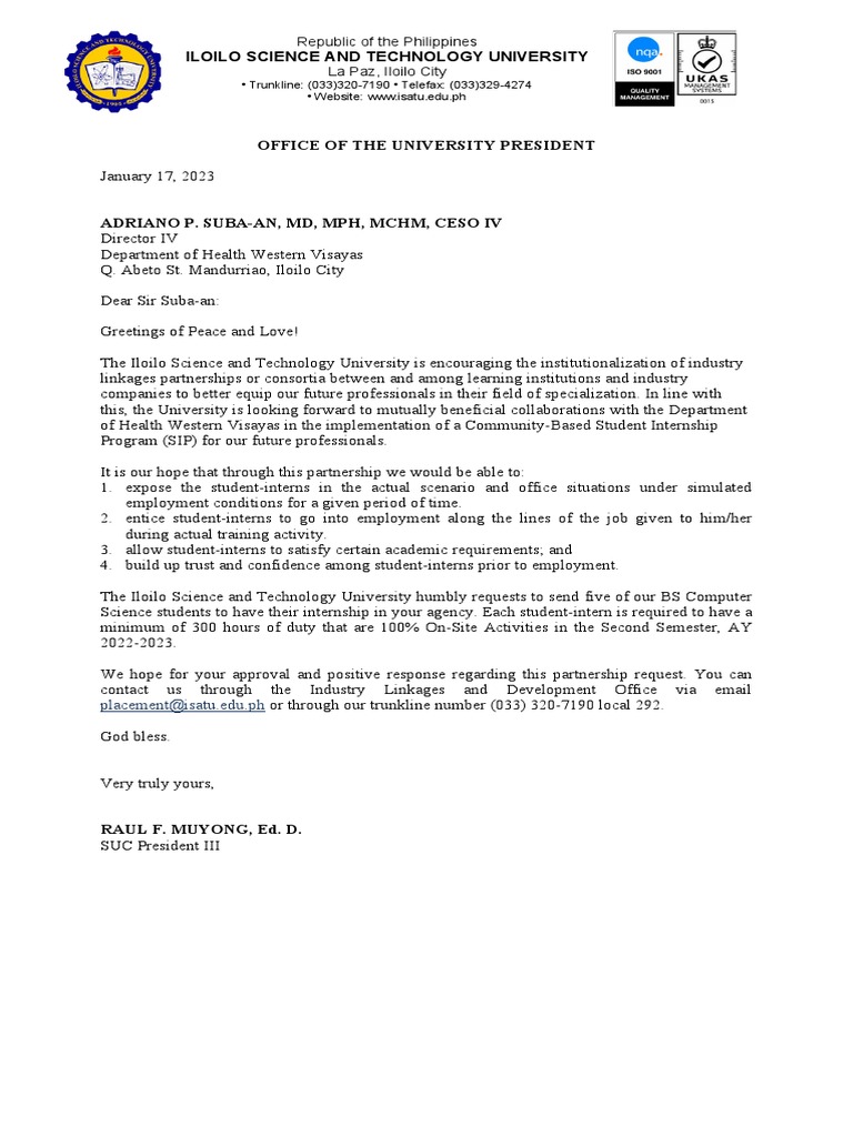 Internship Partnership Request to DOH | PDF