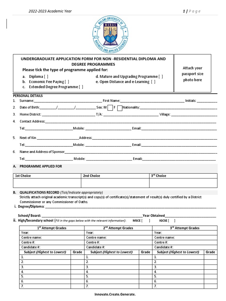 MUBAS 2022-2023 Application Form | PDF | Diploma | Academic Degree