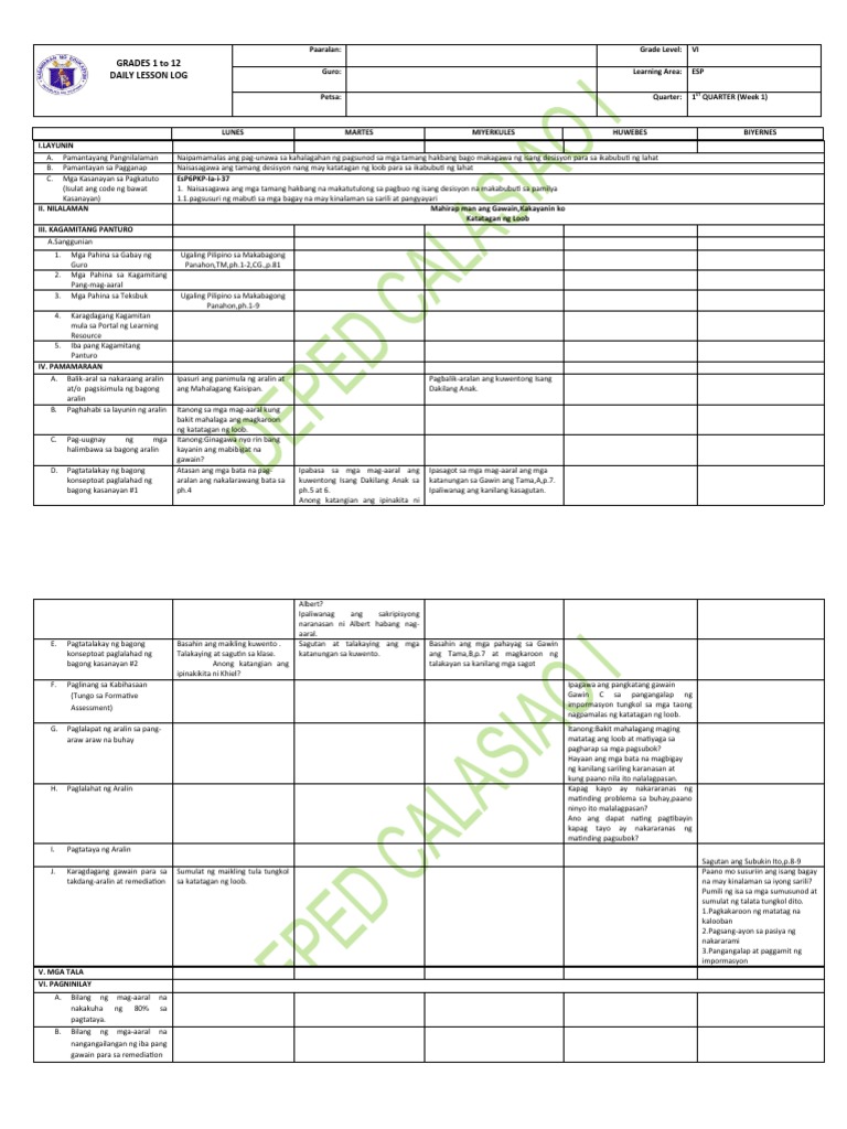 DLL Esp Q1 WK 1 10 Anita Salazar | PDF