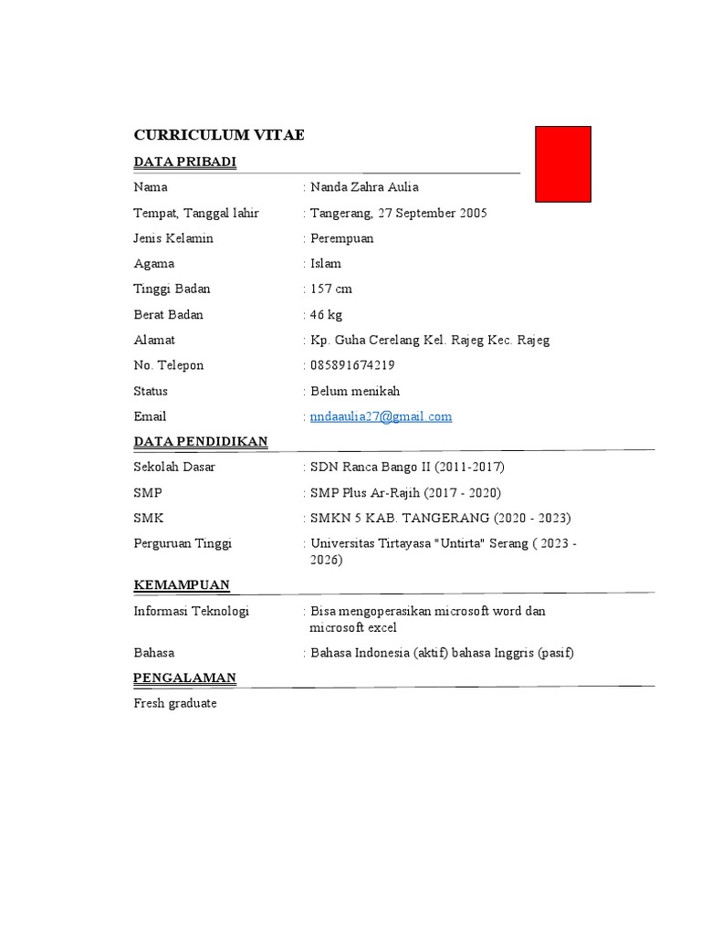 Curriculum Vitae Nanda Zahra 12 Otkp 1 | PDF