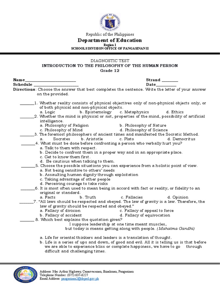 GRADE 12 PHILOSOPHY Diagnostic Test | PDF | Soul | Mind