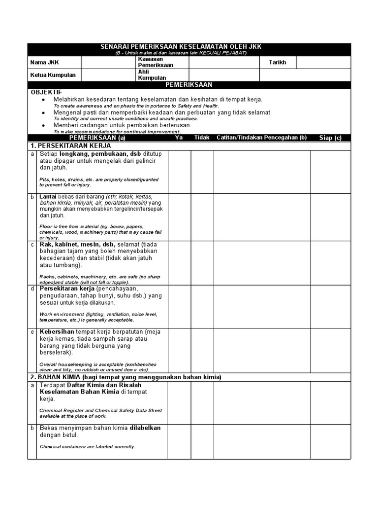 Senarai Pemeriksaan (JKK) - Makmal | PDF