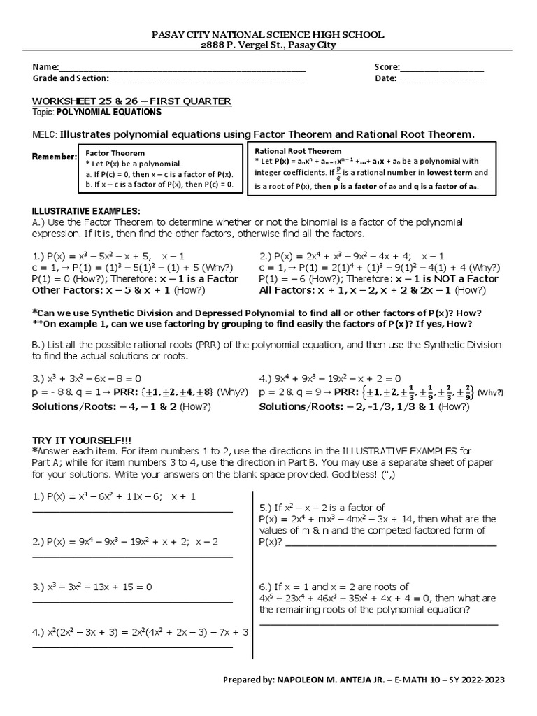 WS-25-26 (Illustrating Polynomial Equations Using FT and RRT-Q1) | PDF | Factorization | Polynomial
