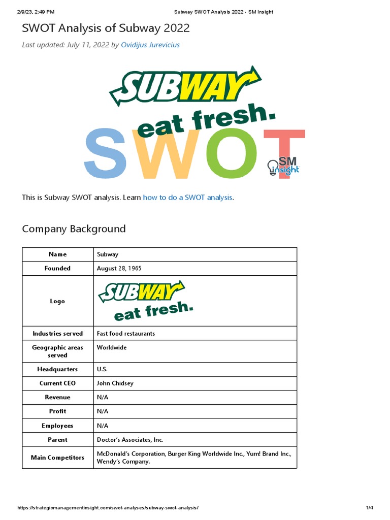 Subway SWOT Analysis 2022 - SM Insight | PDF | Fast Food | Franchising