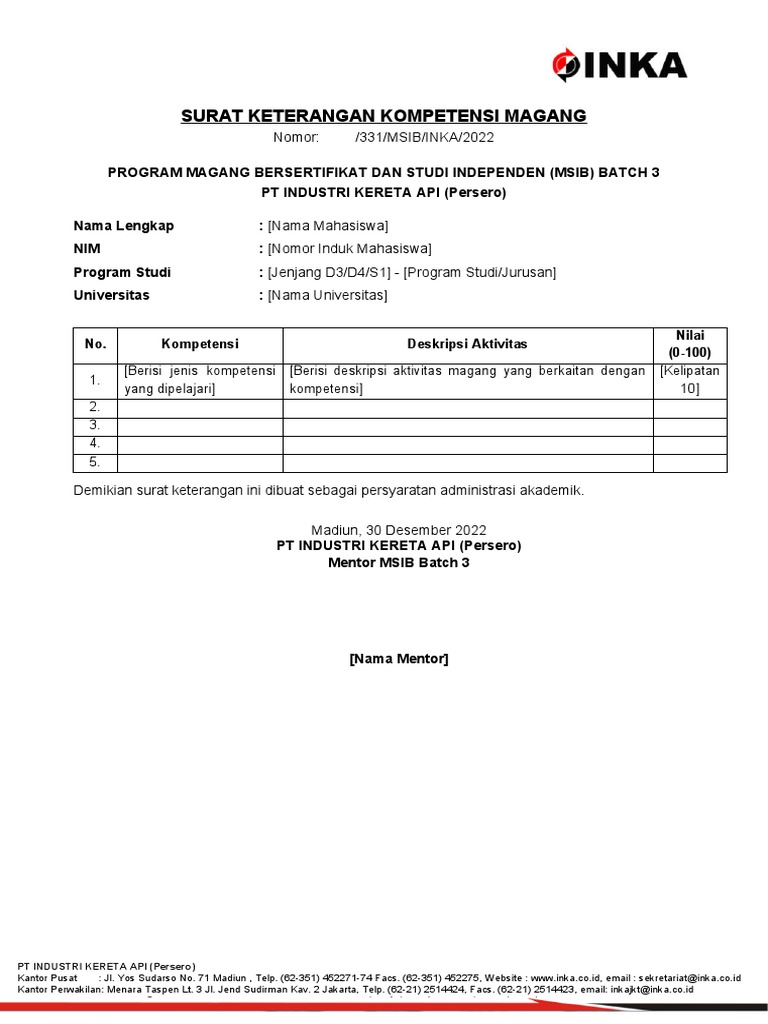 Form Surat Keterangan Kompetensi Magang MSIB Batch 3 PT INKA (Persero ...