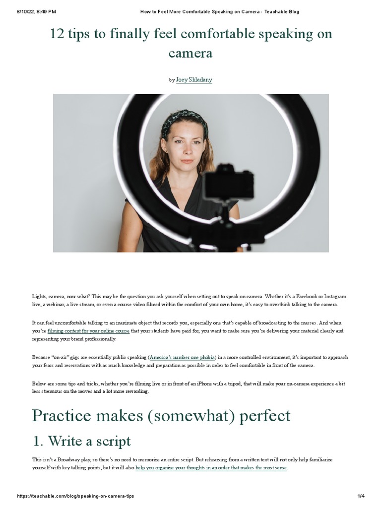 How To Feel More Comfortable Speaking On Camera - Teachable Blog | PDF