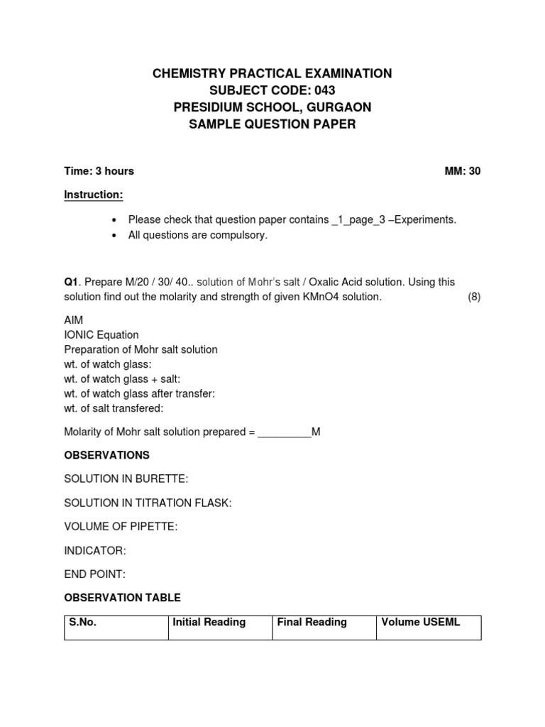 Sample Chemistry Practical QP | PDF Sample Chemistry Practical QP | PDF