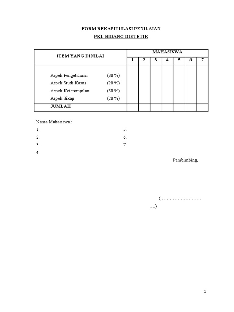 Form Penilaian PKL Bidang Magk Umht Dietetik | PDF | Sains & Matematika