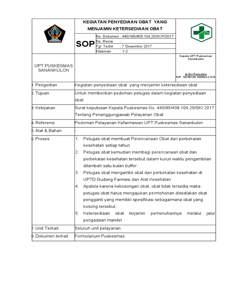 Sop Kegiatan Penyediaan Obat Yang Menjamin Ketersediaan Obat | PDF