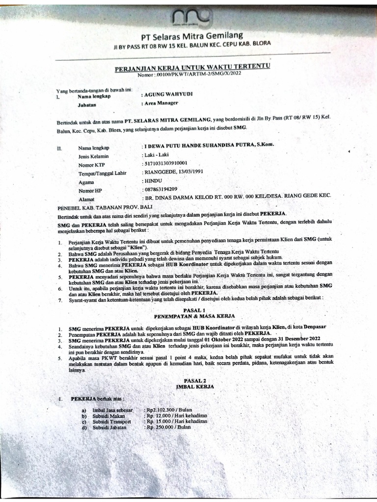 PKWT Dewa Hande Okt-Des 2022 | PDF