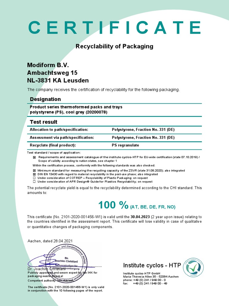 Cyclos - Zertifikat Zur Recyclingfahigkeit Einer Verpackung ...