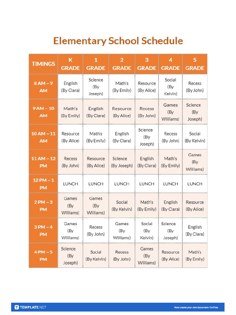 Free Sample Elementary School Schedule Template | PDF