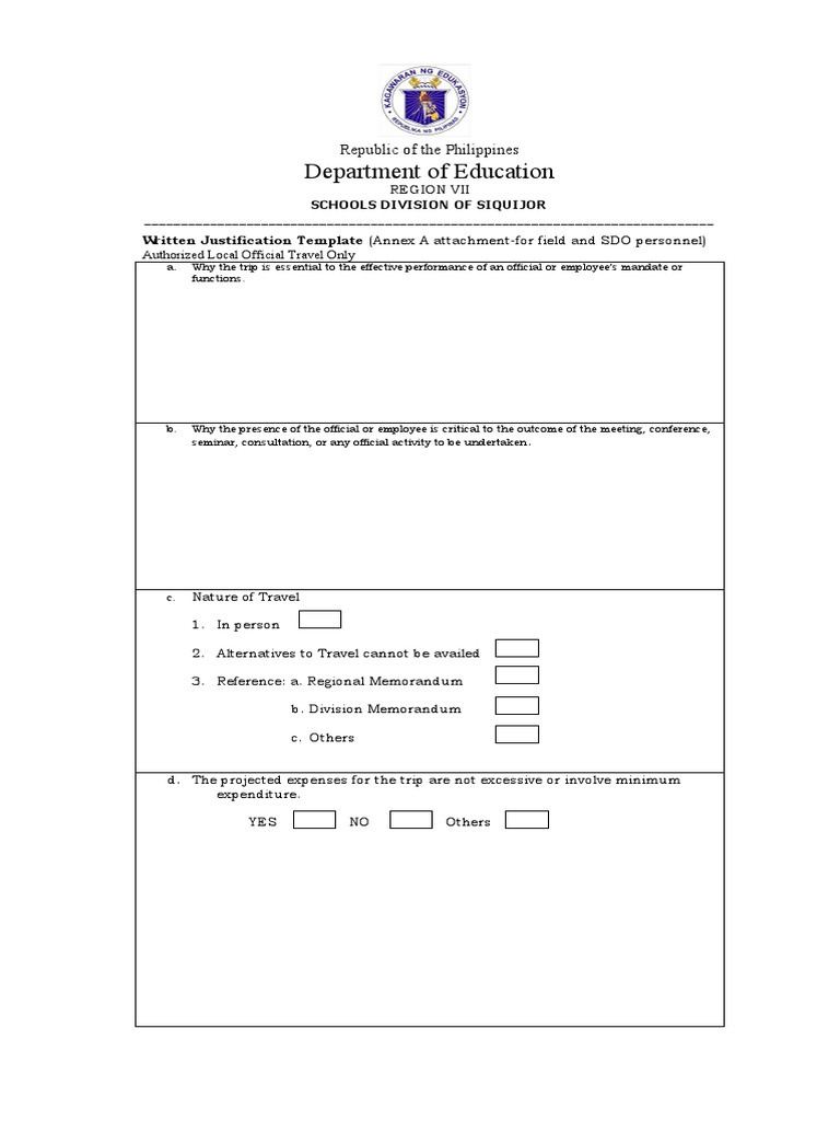 Written Justification Template For Official Local Travel SDO Other Than Teachers | PDF