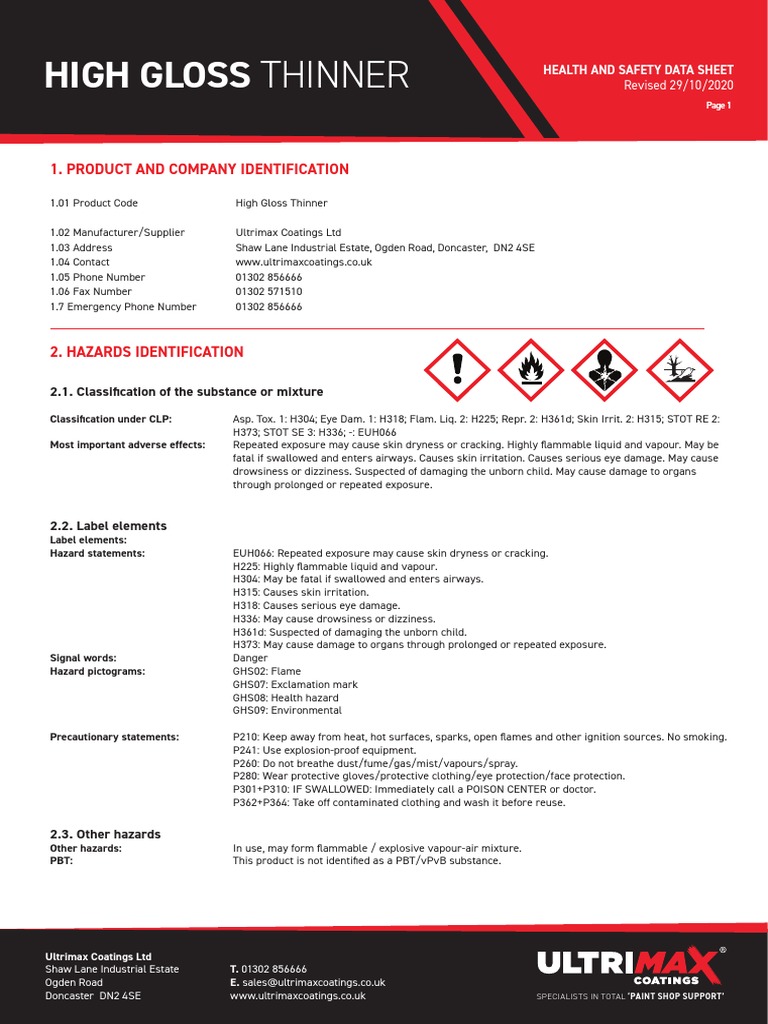 High Gloss Thinner Safety Data Sheet | PDF | Personal Protective ...