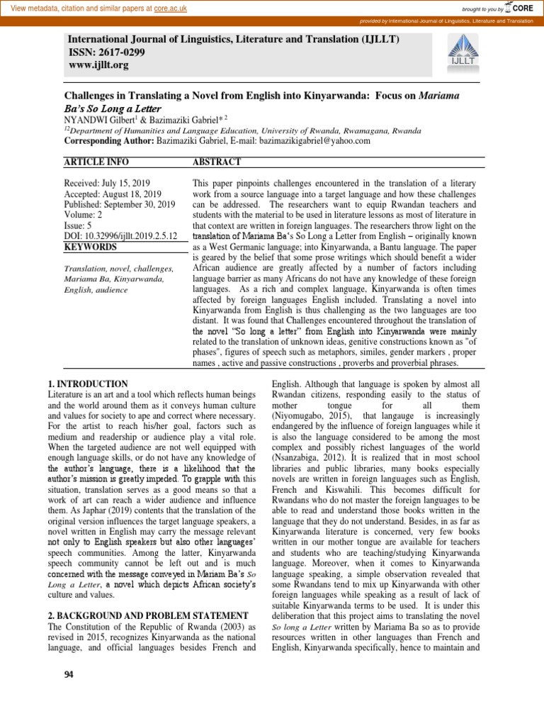 Challenges in Translating A Novel From English Into Kinyarwanda | PDF ...